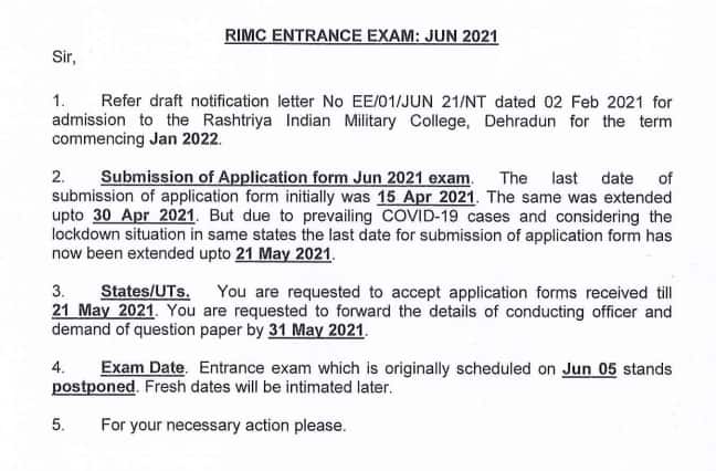 Rashtriya Indian Military College (RIMC) Entrance Exam Postponed ...