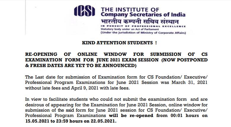 ICSI to reopen CS examination form 2021 for June session on May 15