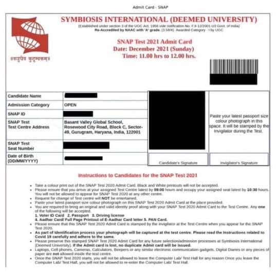 SNAP Admit Card 2021: Download Hall Ticket at snaptest.org