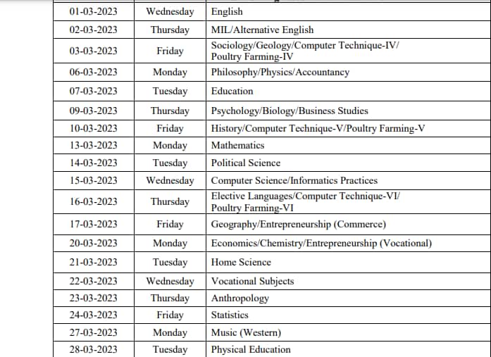 MBOSE HSSLC Routine 2023 (Released) - Meghalaya Board Class 12th Date Sheet