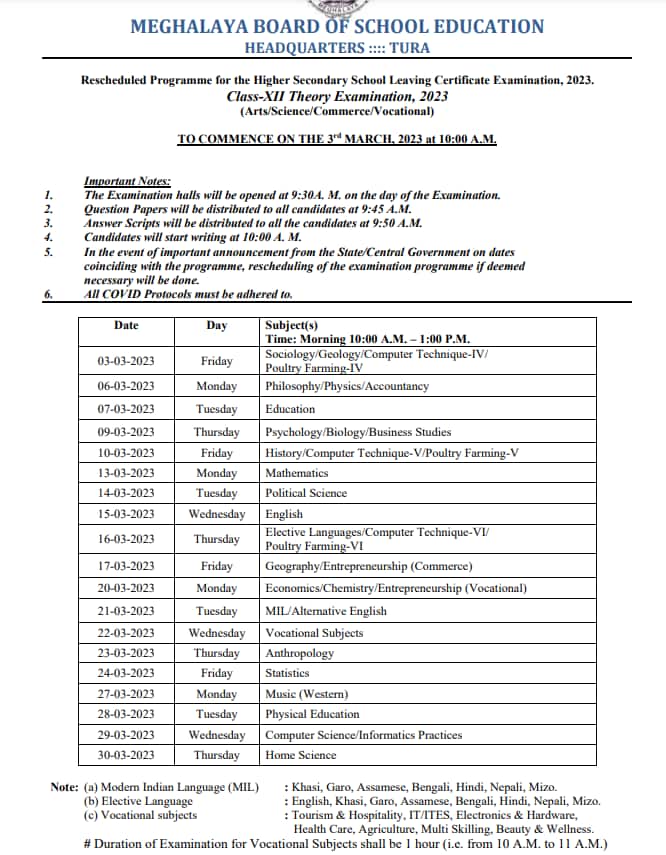MBOSE HSSLC Routine 2023 (Released) - Meghalaya Board Class 12th Date Sheet