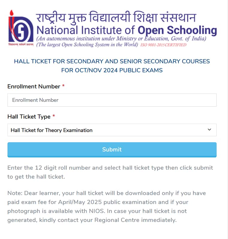 NIOS 10th, 12th Hall Ticket 2025 for April Exams, Check Admit Card Here