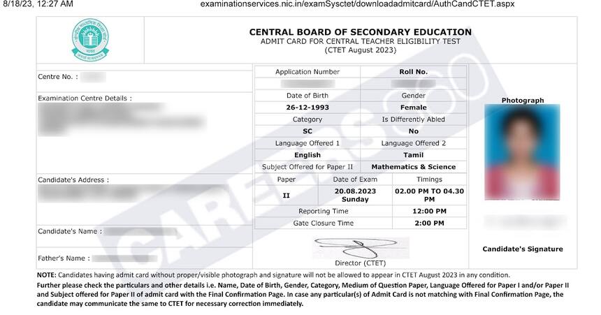 CTET Admit Card 2024 - City Intimation Slip (Out)