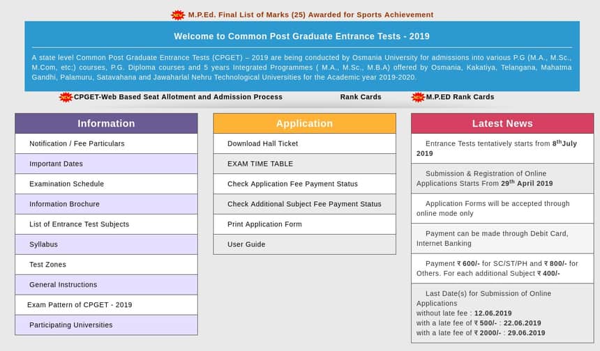 CPGET Application Form 2020, OUCET Correction Window - Apply Here