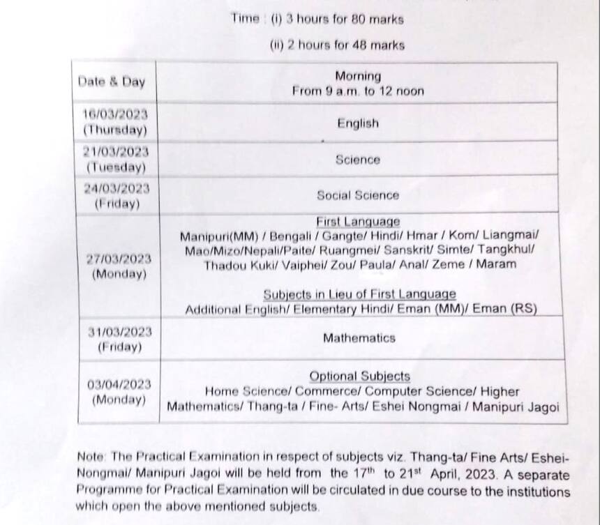 Manipur HSLC Time Table 2023 - HSLC Exam Routine 2023