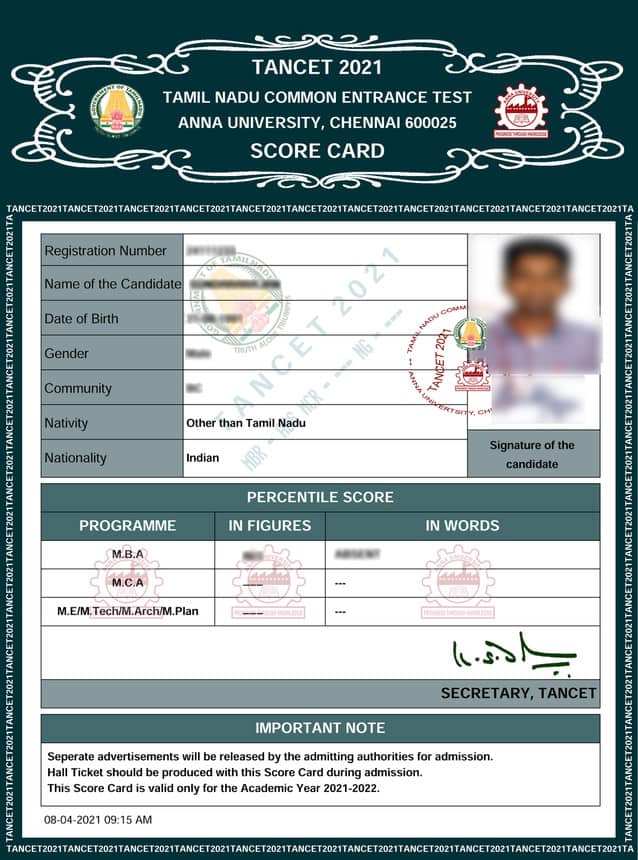 TANCET MBA 2021 - Result, Score Card (OUT), Mark sheet, Counselling